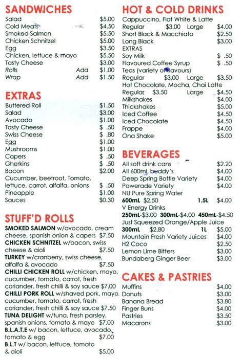 Menu at Stuff'd cafe, Carlton