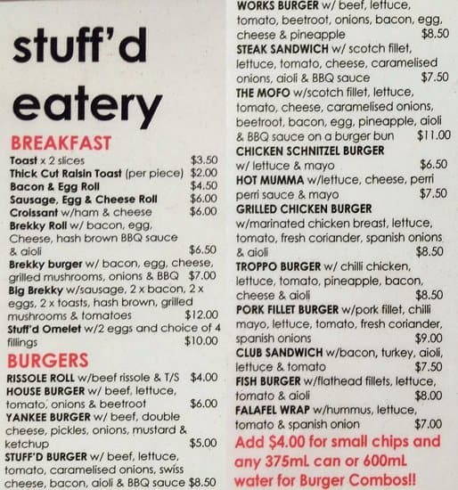 Menu at Stuff'd cafe, Carlton