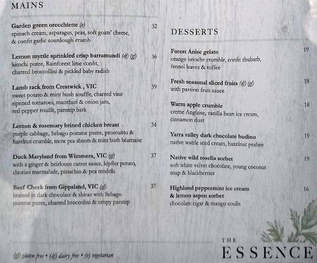 Menu at Essence Restaurant, Melbourne
