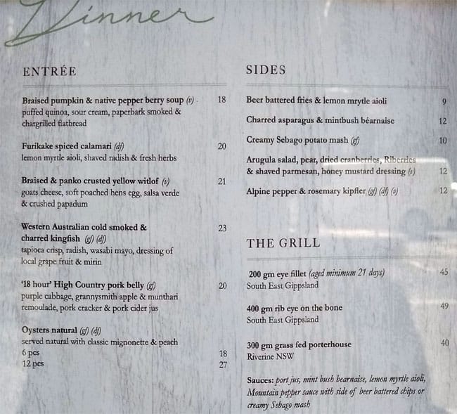 Menu at Essence Restaurant, Melbourne