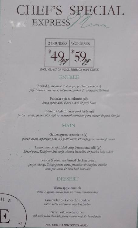 Menu at Essence Restaurant, Melbourne