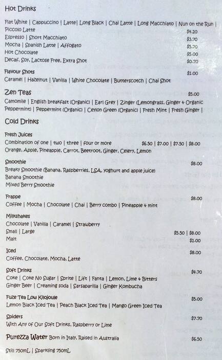 Menu at The Flying Nun Cafe, Samford Village