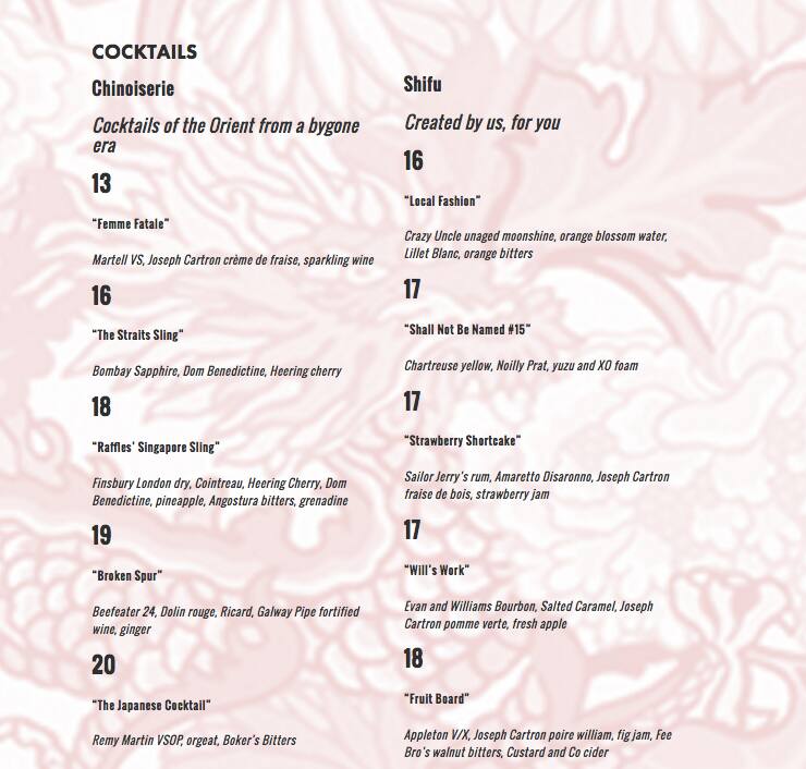 Menu at Canton Bar, Perth, 532 Hay St