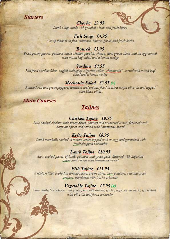 Menu at Tassili Restaurant, Sheffield