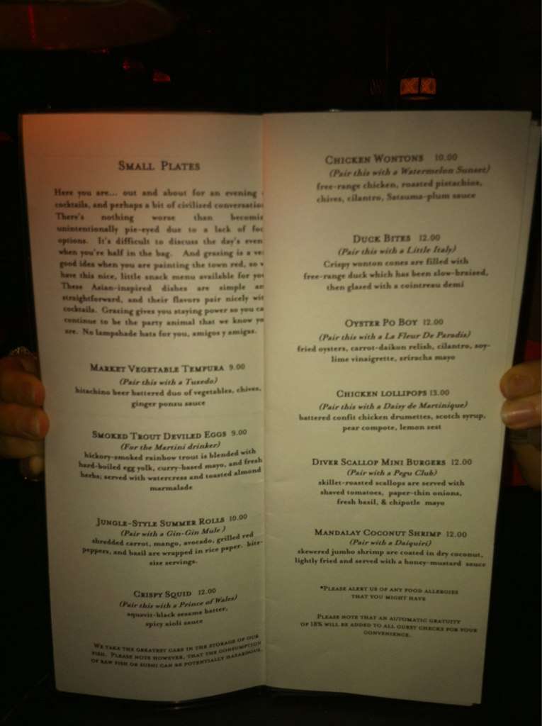 Menu at Pegu Club, New York City