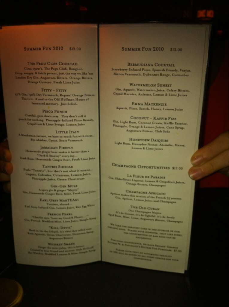 Menu at Pegu Club, New York City