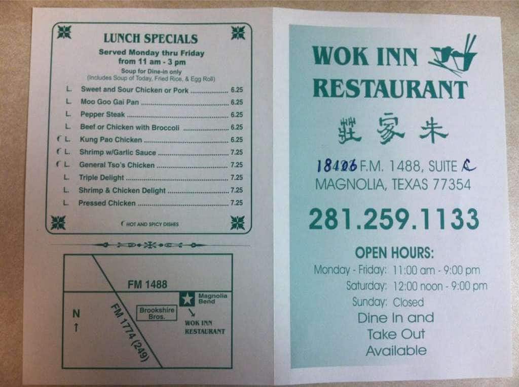 Menu at Wok Inn restaurant, Magnolia