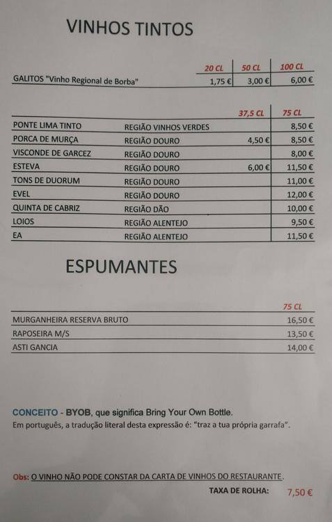 Menu at Les Amis restaurant, Leça da Palmeira