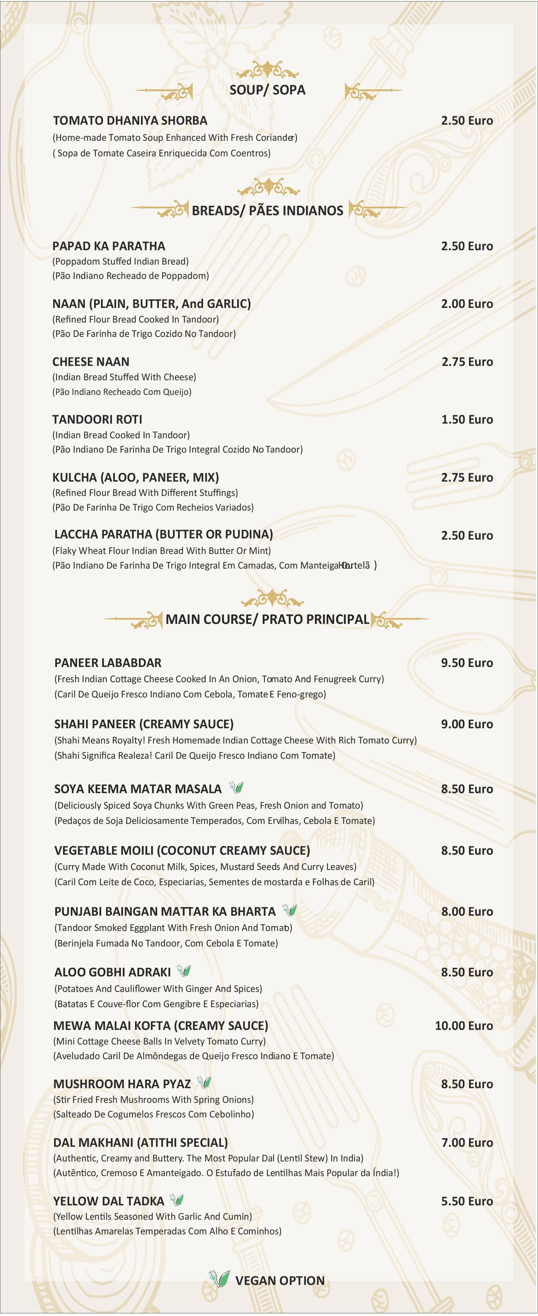 Menu at Atithi restaurant, Lisbon