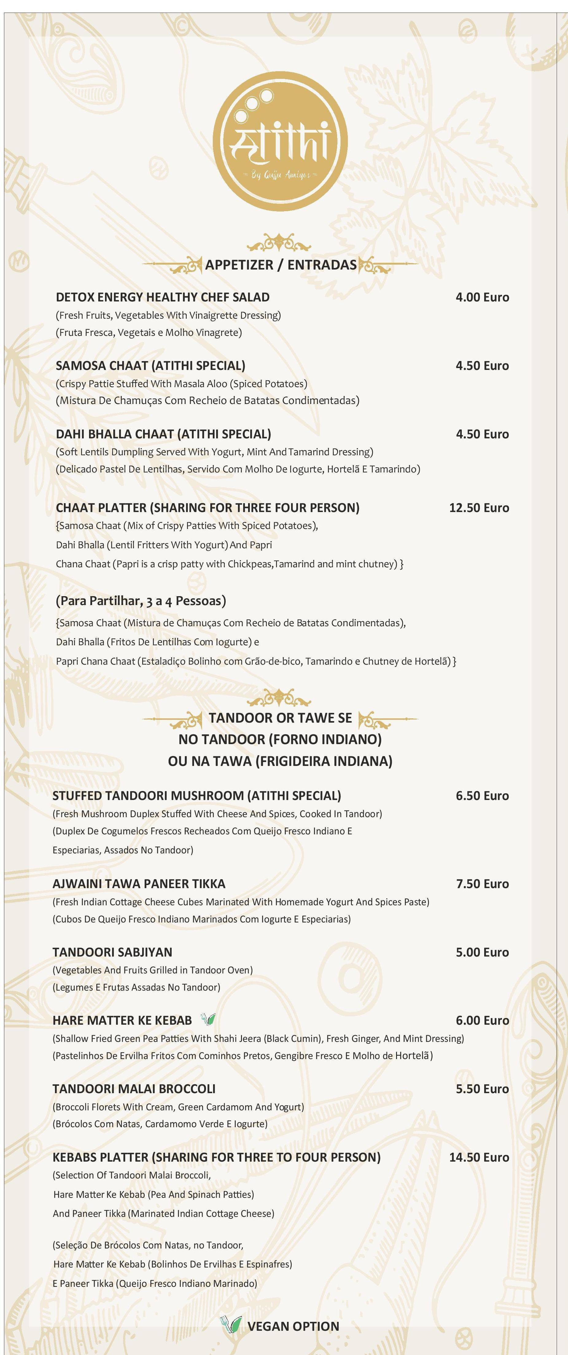 Menu at Atithi restaurant, Lisbon