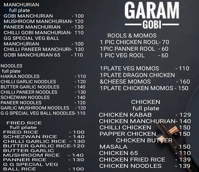 Menu of Garam Gobi, Hosur Road, Bangalore