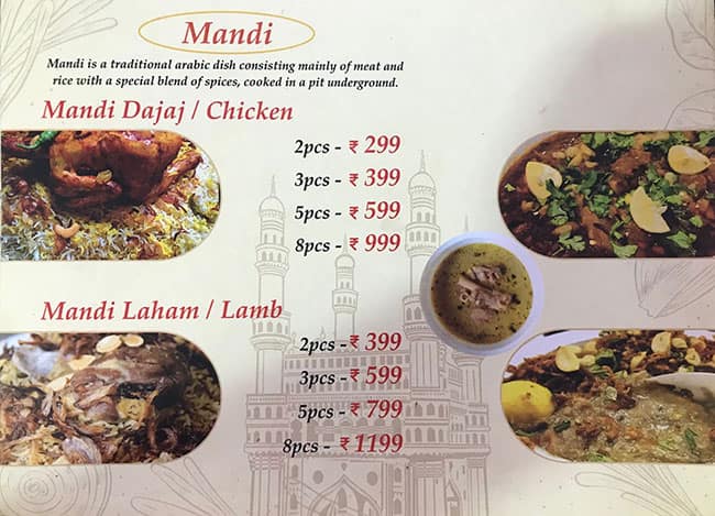 Menu at ARAB AL MANDI, Hyderabad