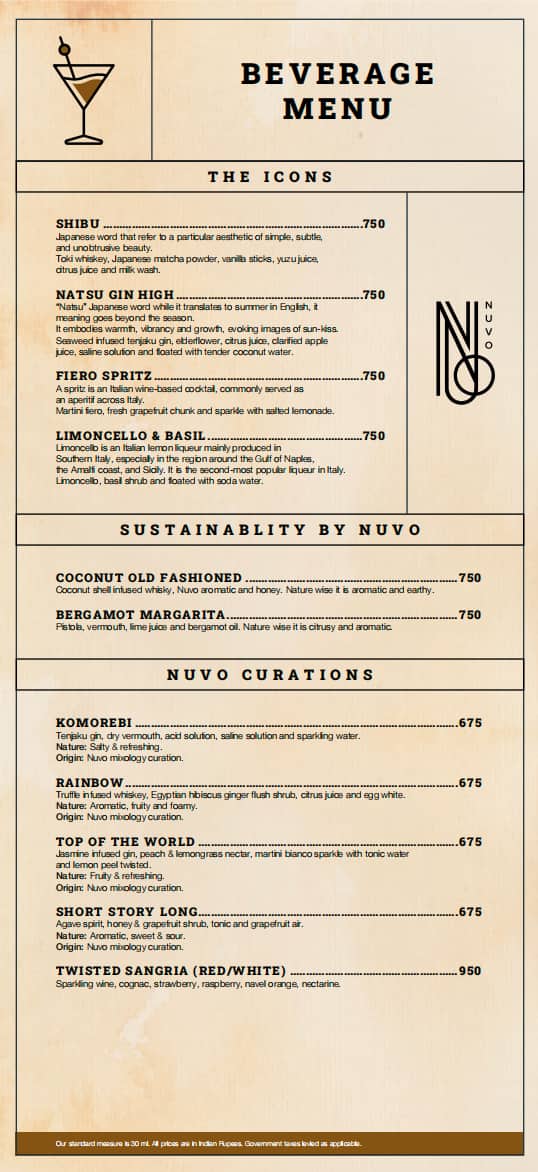 Menu of Nuvo - Sheraton Grand, Bund Garden Road, Pune