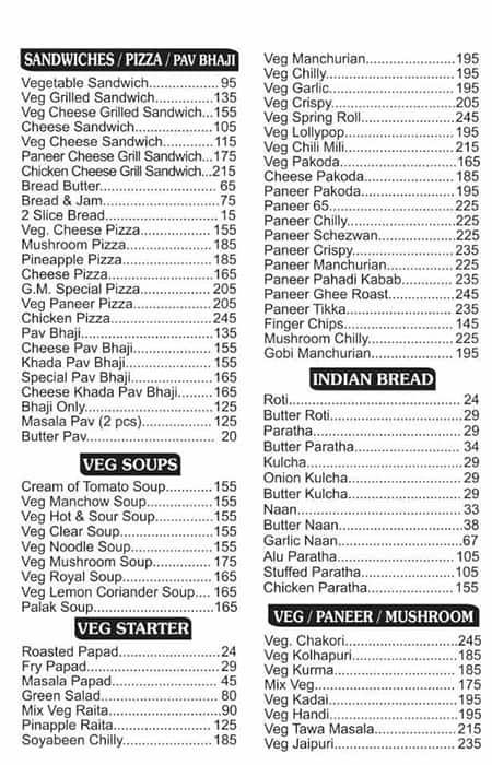Menu of GM Junction Family Restaurant, Virar, Mumbai