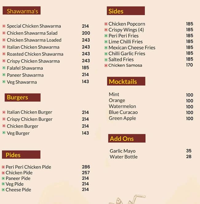 Menu of The Shawarma Company, Jubilee Hills, Hyderabad
