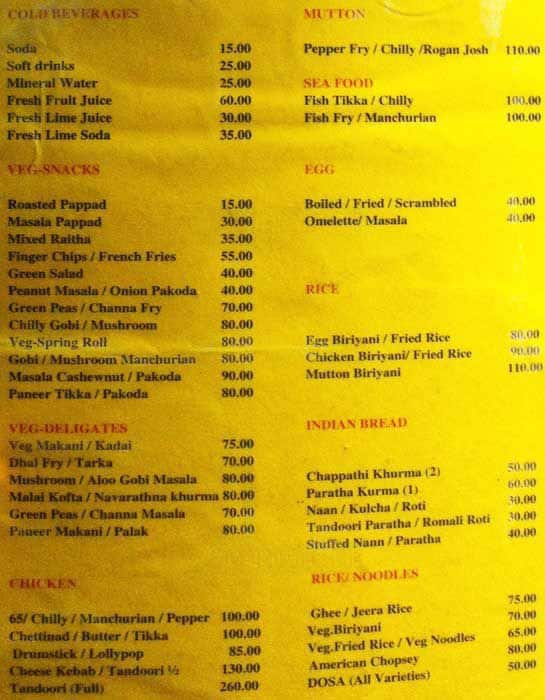 Menu at Park Inn, Coimbatore