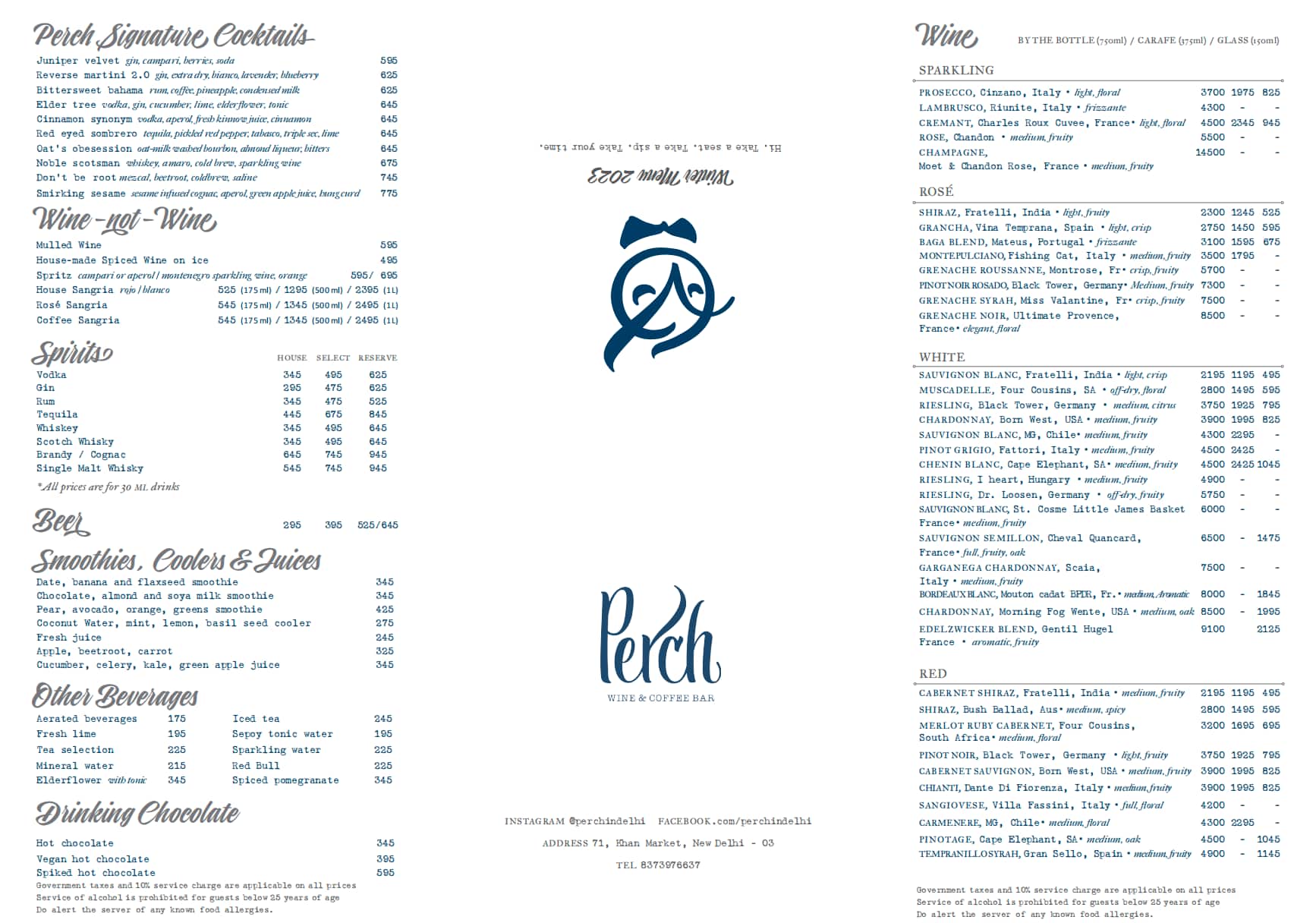 Menu of Perch Wine & Coffee Bar, Khan Market, New Delhi