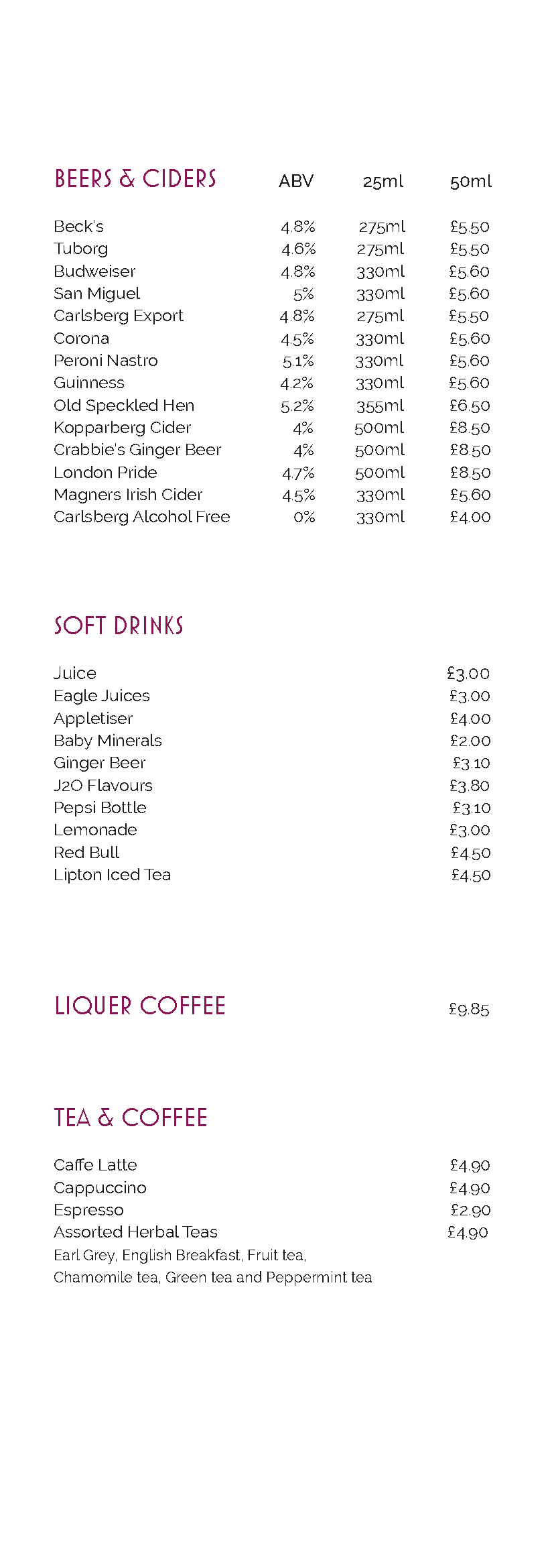 Menu at Tea Palace of London pub & bar, London