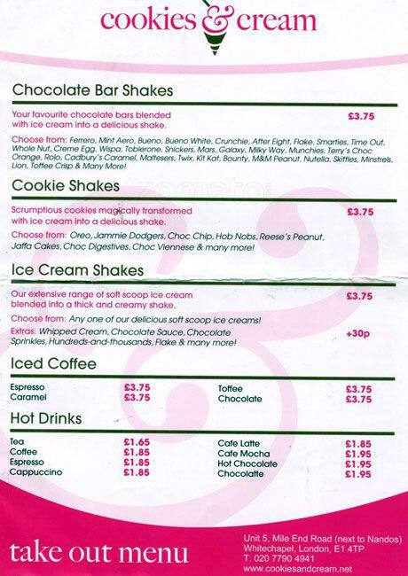 Menu at Cookies and Cream cafe, Ilford, 153 High St