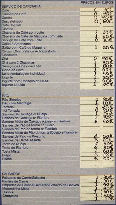 Menu at Coffee Mania cafe, Lisbon