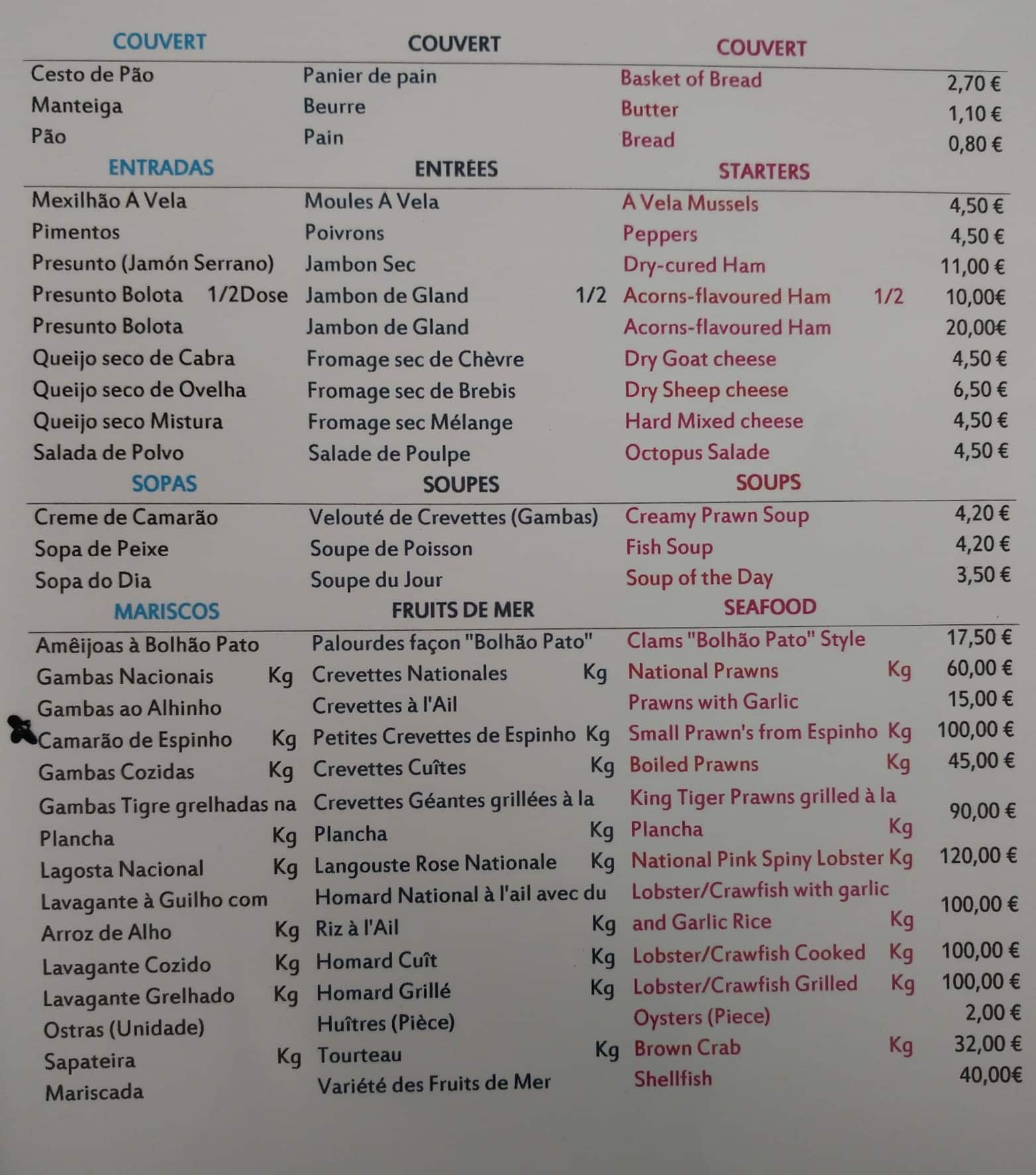 Menu at A Vela pub & bar, Lisbon