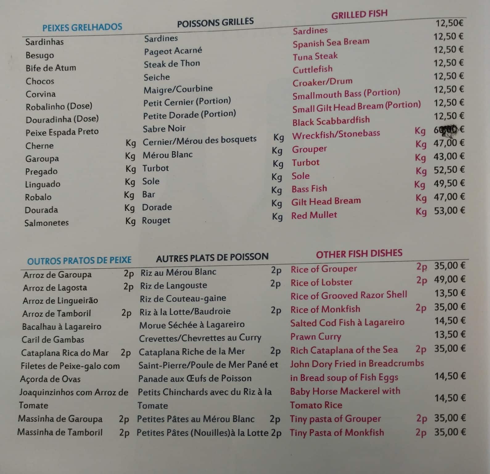 Menu at A Vela pub & bar, Lisbon