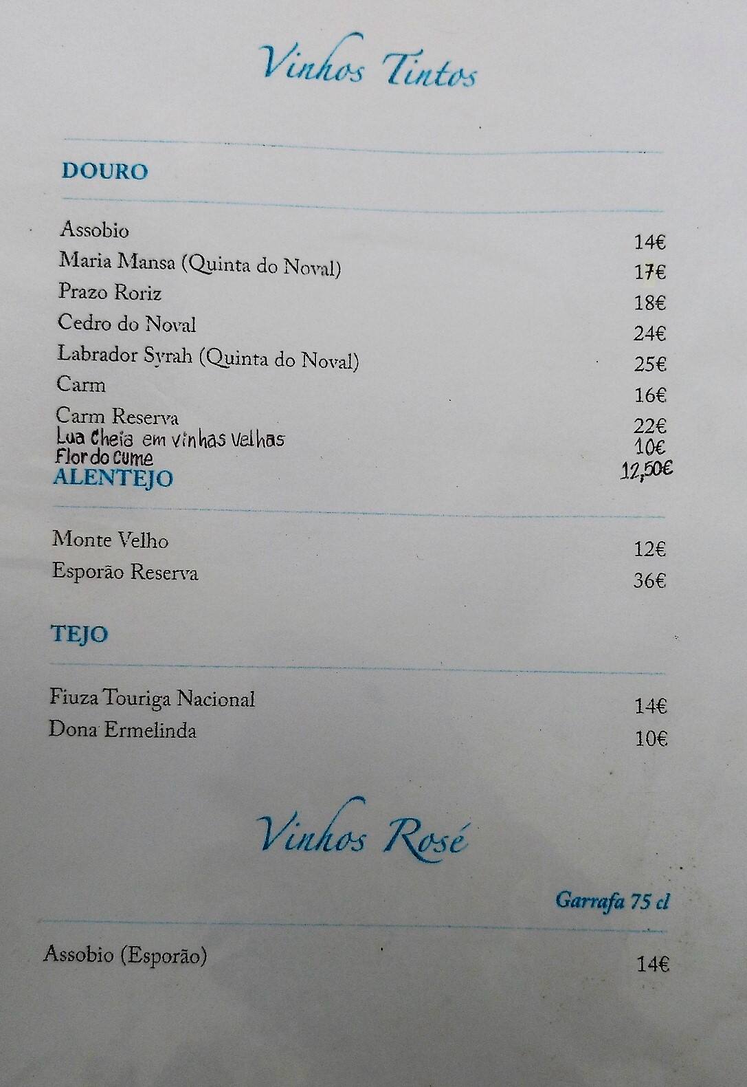 Menu at A Vela pub & bar, Lisbon