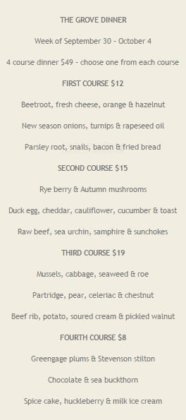 Menu at The Grove restaurant, Toronto