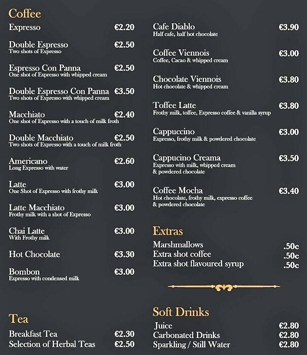 Menu at Le Petit Parisien cafe, Dublin