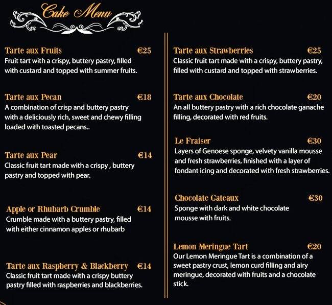 Menu at Le Petit Parisien cafe, Dublin