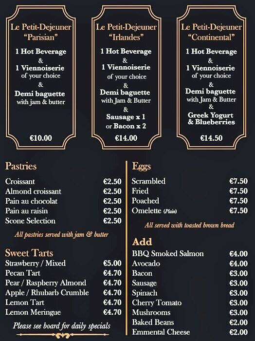 Menu at Le Petit Parisien cafe, Dublin