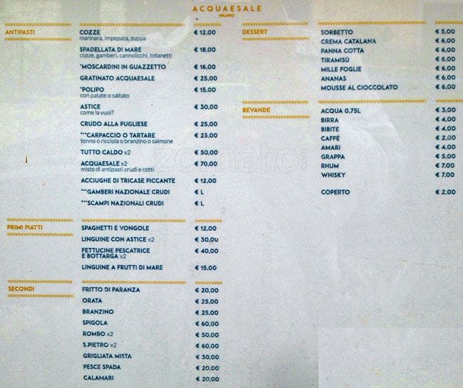 Acquaesale a Milano: Foto del Menu con Prezzi - Zomato Italia