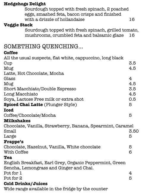 Menu at HedgeHogs Coffee Shop cafe, Bassendean