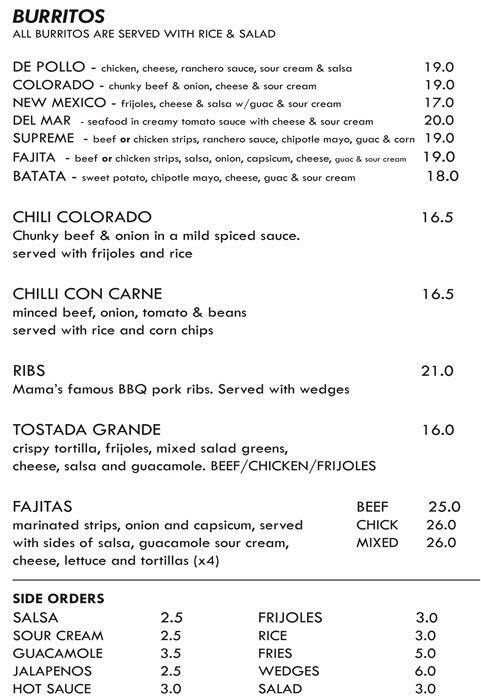 Menu at Mexicali Mama fast food, Geelong