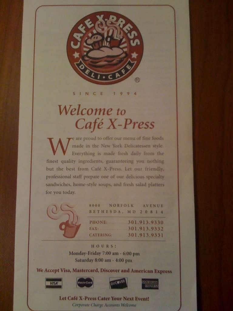 Menu at Cafe X-Press, Bethesda, Norfolk Ave