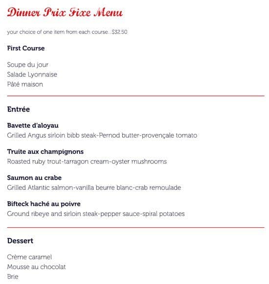 Menu at Chez Nous restaurant, Austin