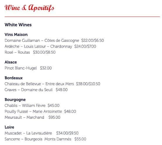 Menu at Chez Nous restaurant, Austin