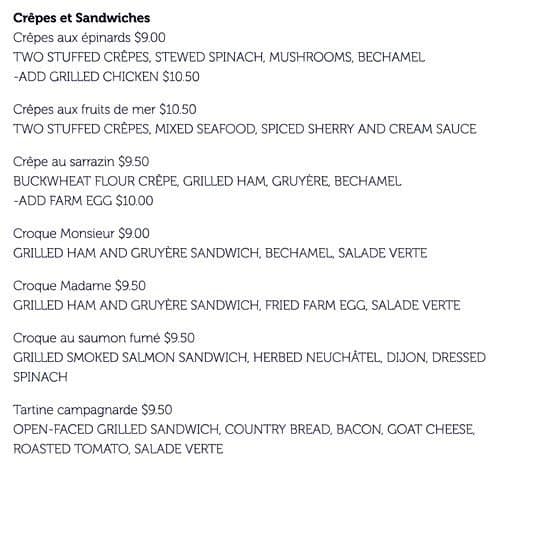 Menu at Chez Nous restaurant, Austin