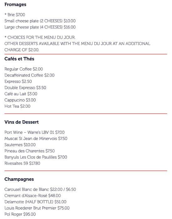 Menu at Chez Nous restaurant, Austin