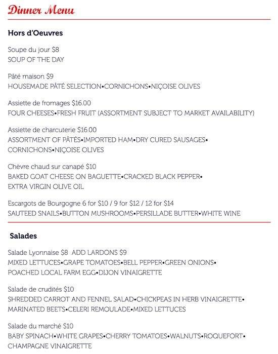 Menu at Chez Nous restaurant, Austin