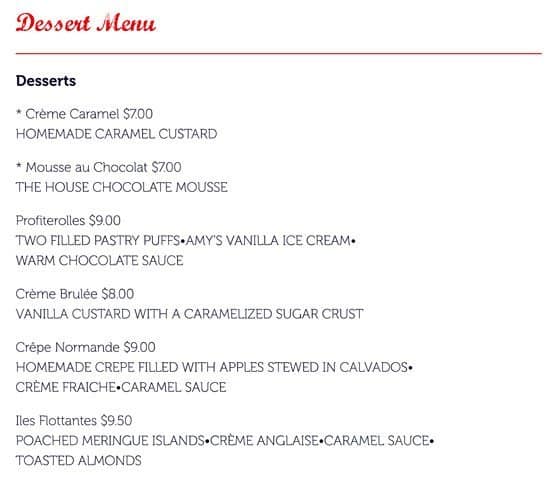 Menu at Chez Nous restaurant, Austin