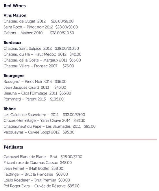 Menu at Chez Nous restaurant, Austin