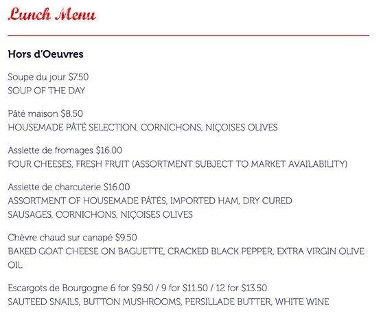 Menu at Chez Nous restaurant, Austin