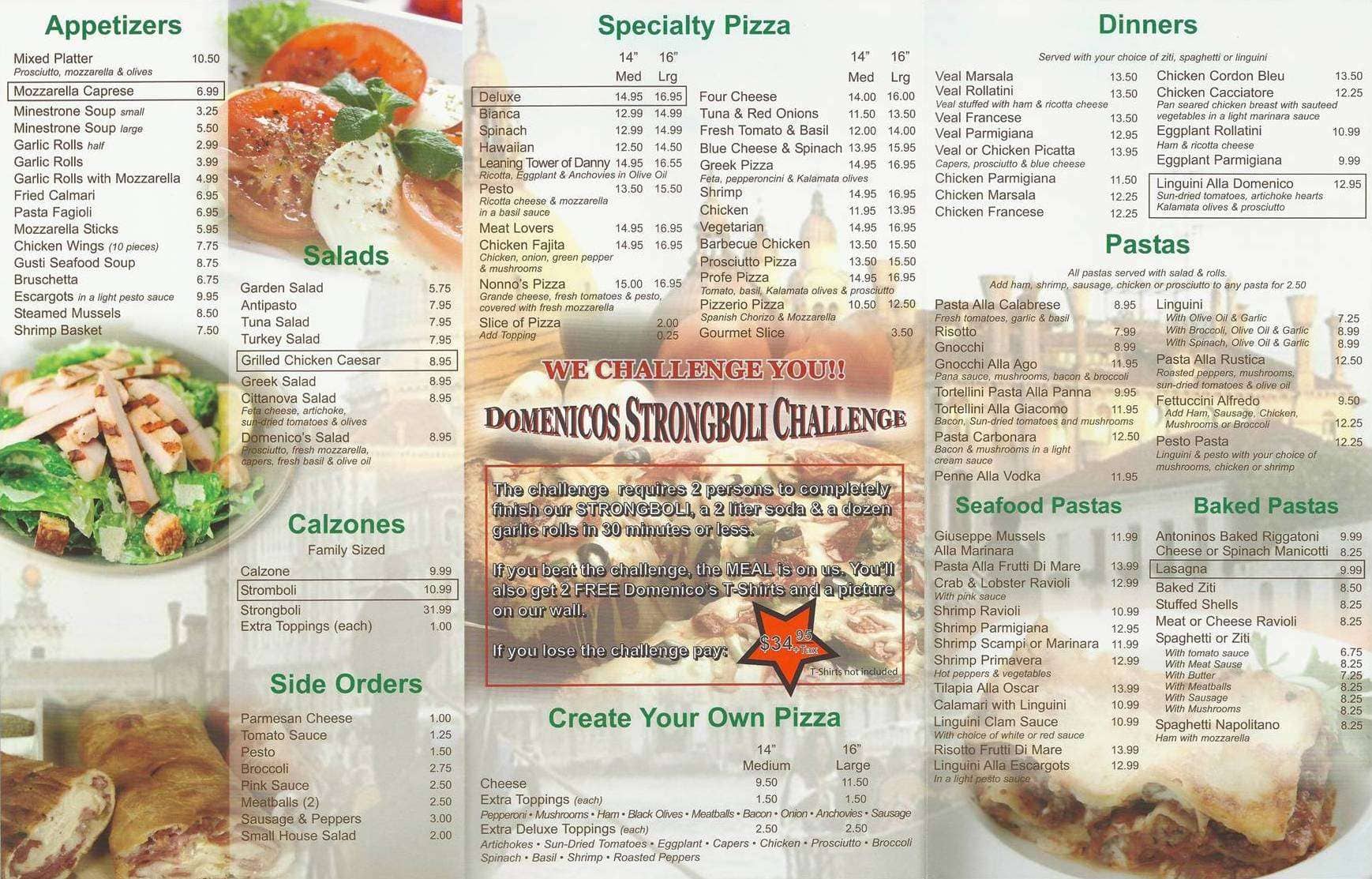 Menu at Domenico's pizzeria, Miami Lakes