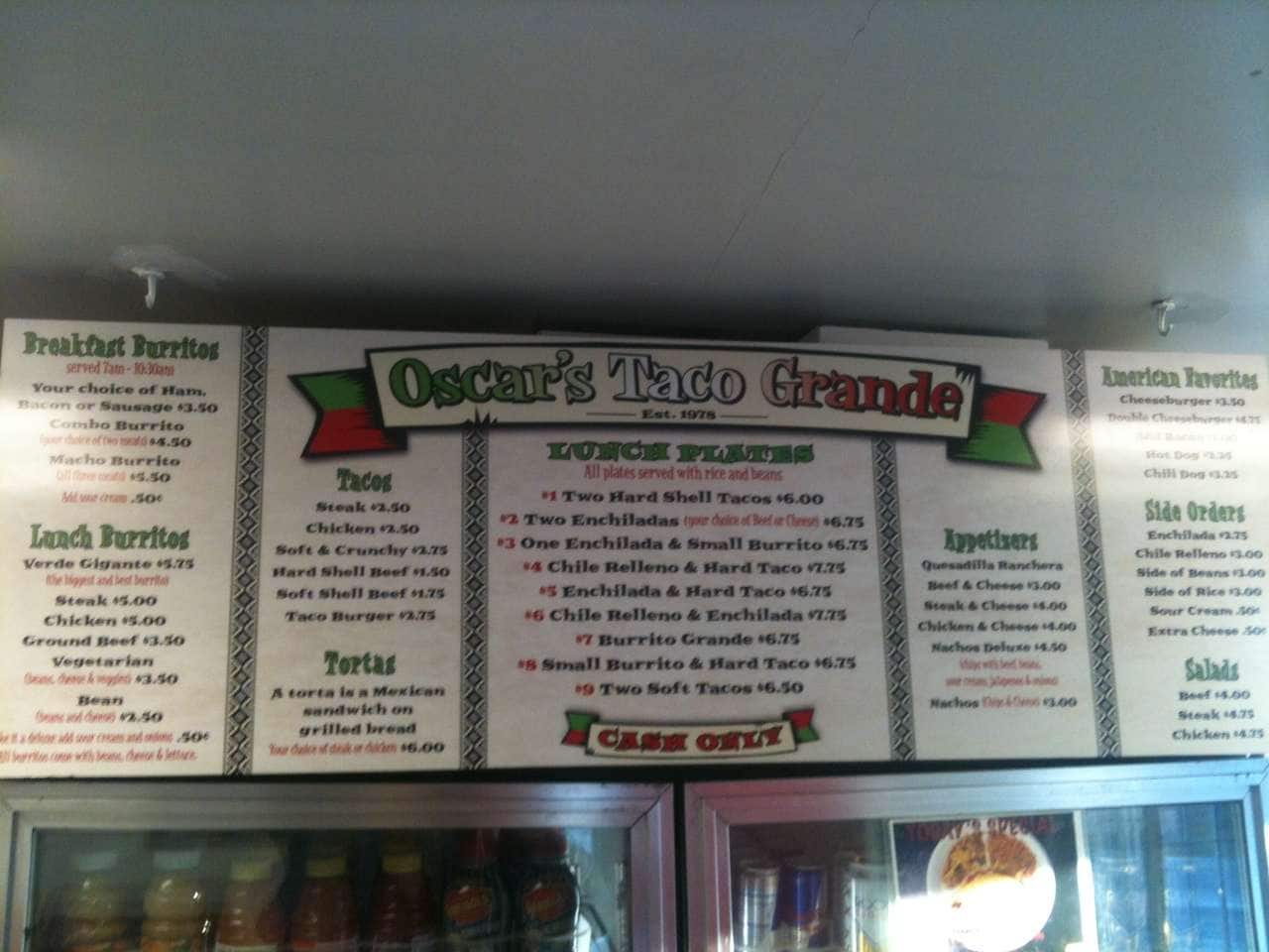 Menu at Oscar's Taco Grande restaurant, Anchorage