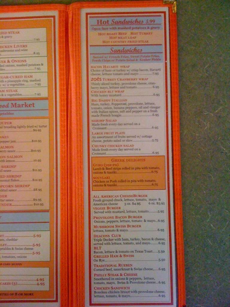 Menu at Mama Zoe Michaels restaurant, Winston-Salem