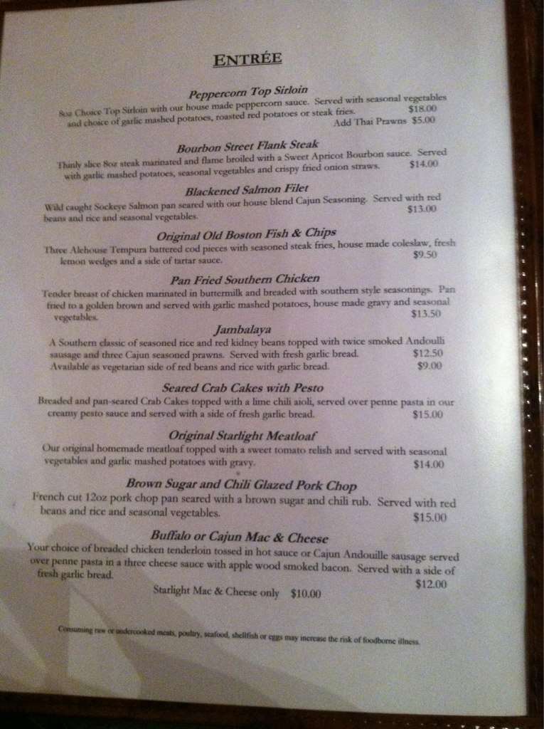 Menu at Starlight Lounge & Dining Room pub & bar, Ellensburg