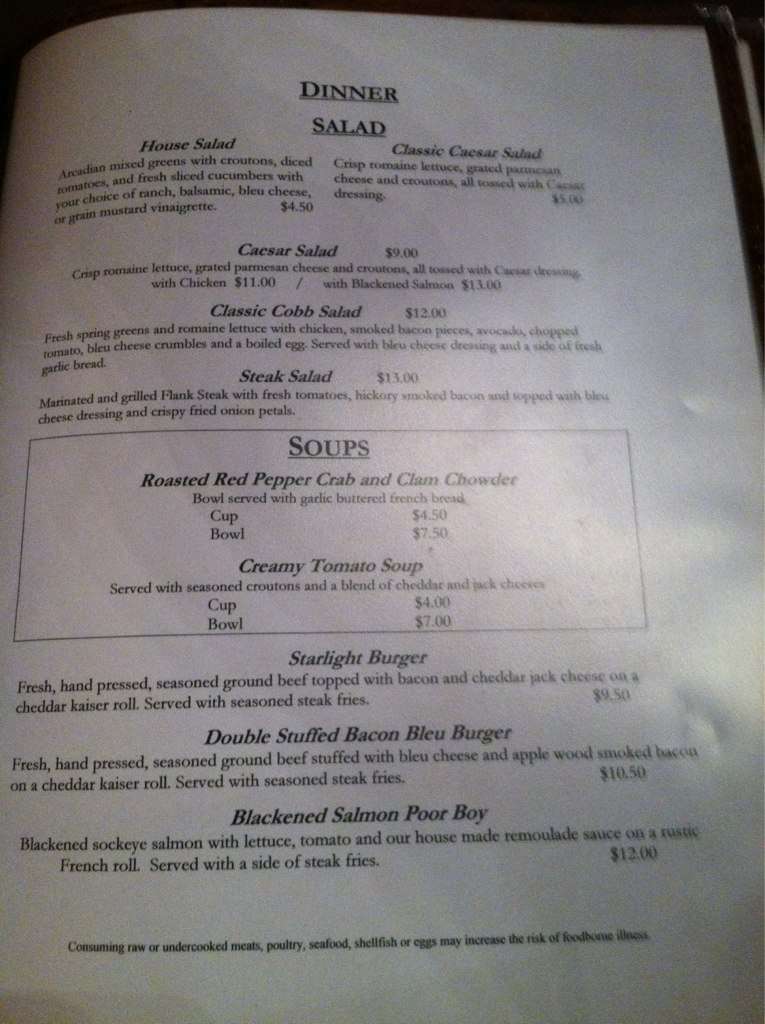 Menu at Starlight Lounge & Dining Room pub & bar, Ellensburg