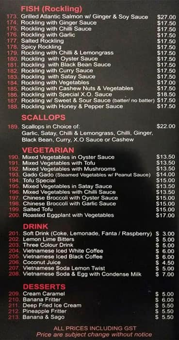 Menu at Pho 55 restaurant, Malvern
