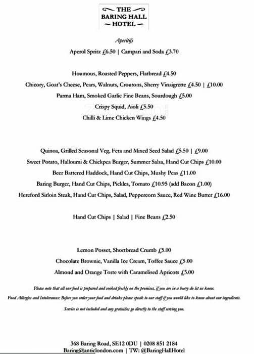 Menu at The Baring Hall Hotel, London